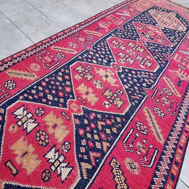 Turkish Pink Blue Runner Rug, 1960s | Chairish