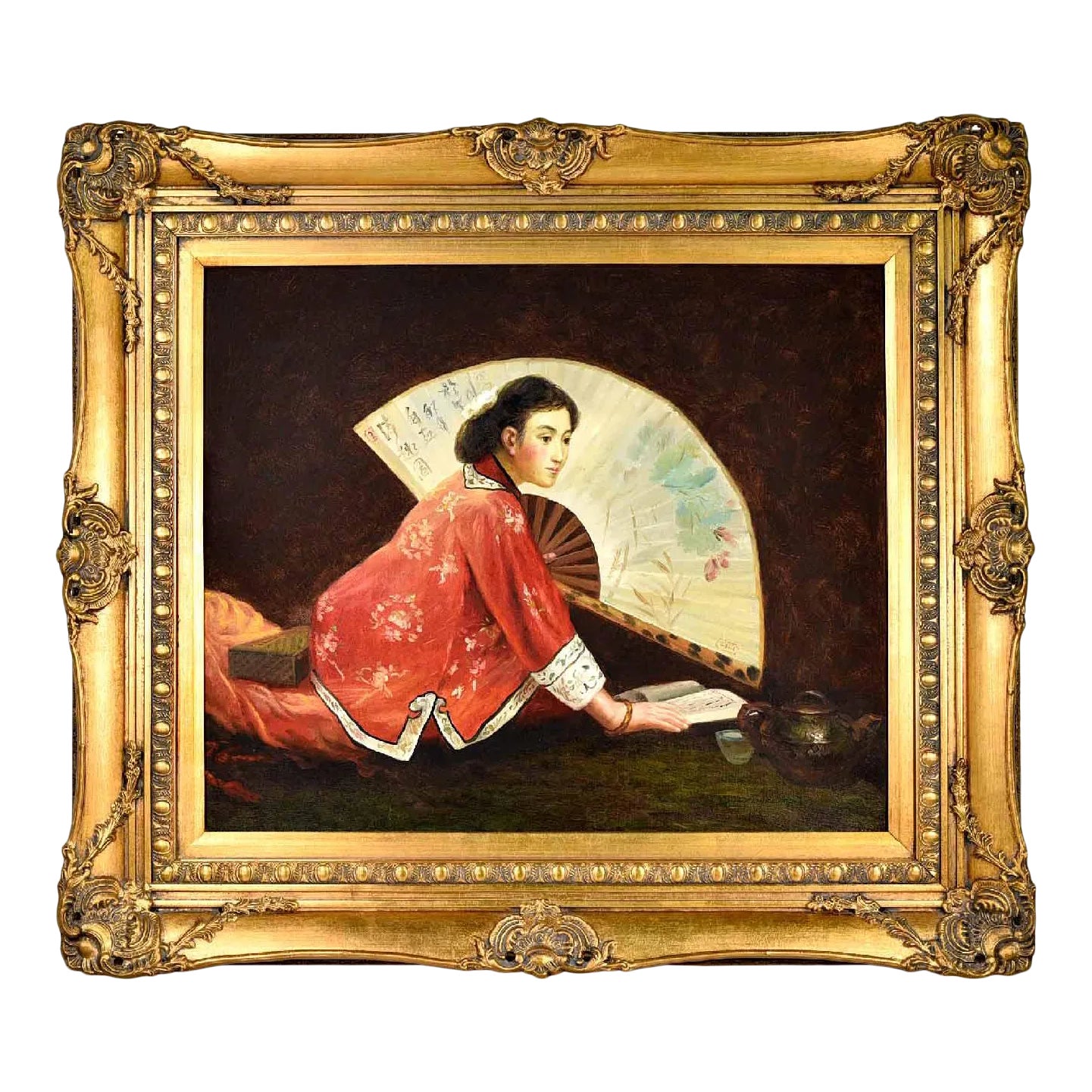 Vintage Chinese Maiden With Fan Painting - Oil on Canvas 33in. X 29in ...