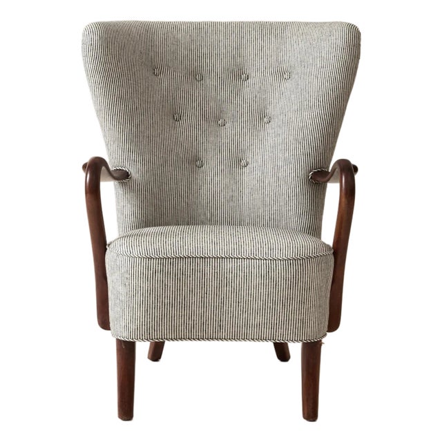 Alfred Christiansen High Back Easy Chair in Striped Linen, 1940s | Chairish