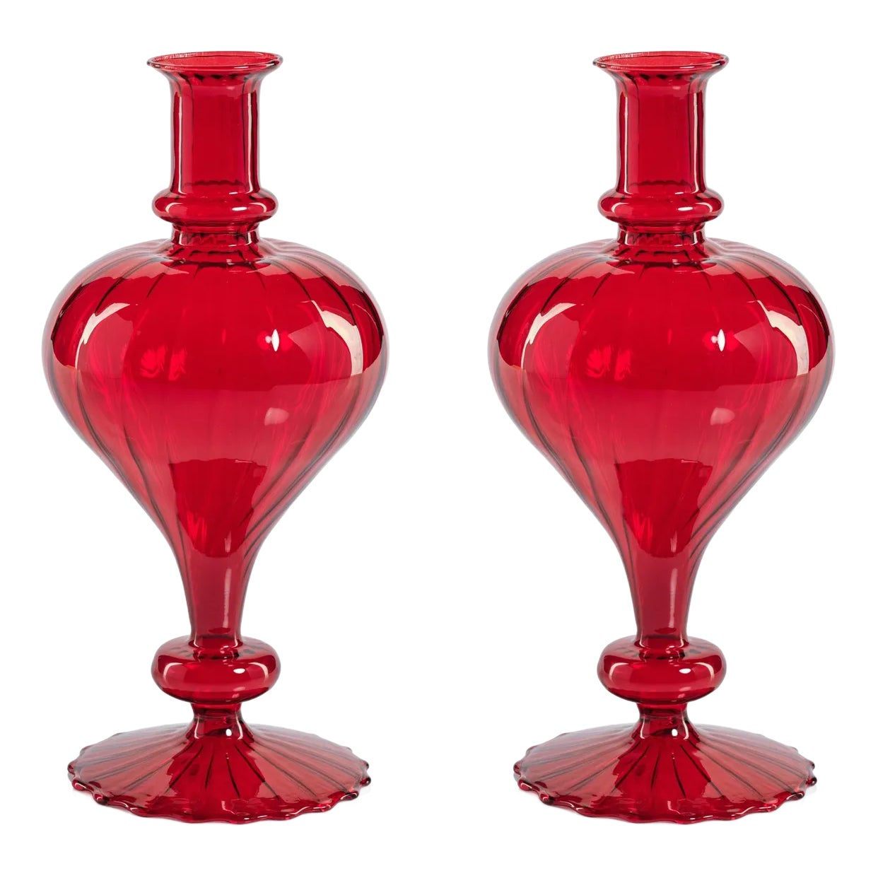 Vellum 2-Piece Set Large Red Spiral Glass Vases, Turnip Shape | Chairish