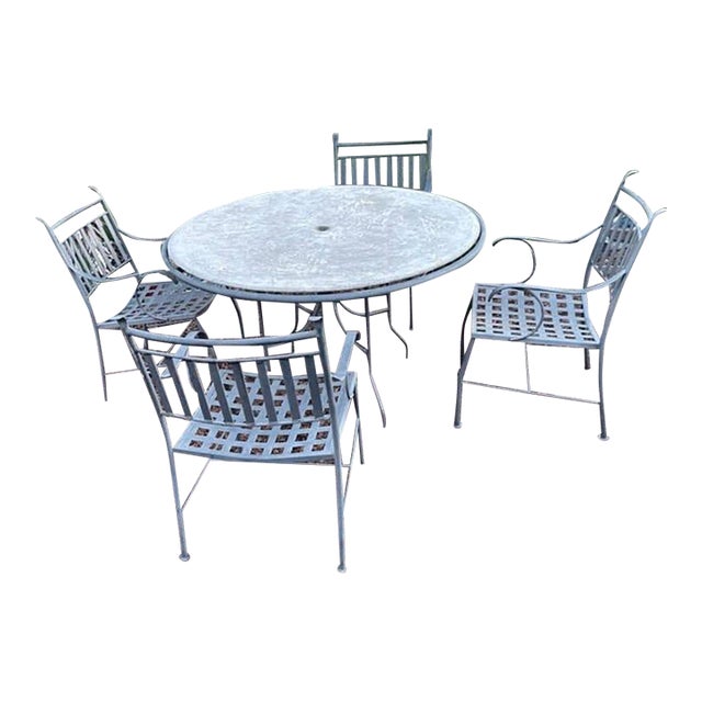 1980s Tropitone Round Slate Top Table & 4 Armchairs Patio Set | Chairish