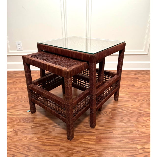 Vintage Boho Chic Wicker Nesting Tables in Chestnut Brown, a Pair ...