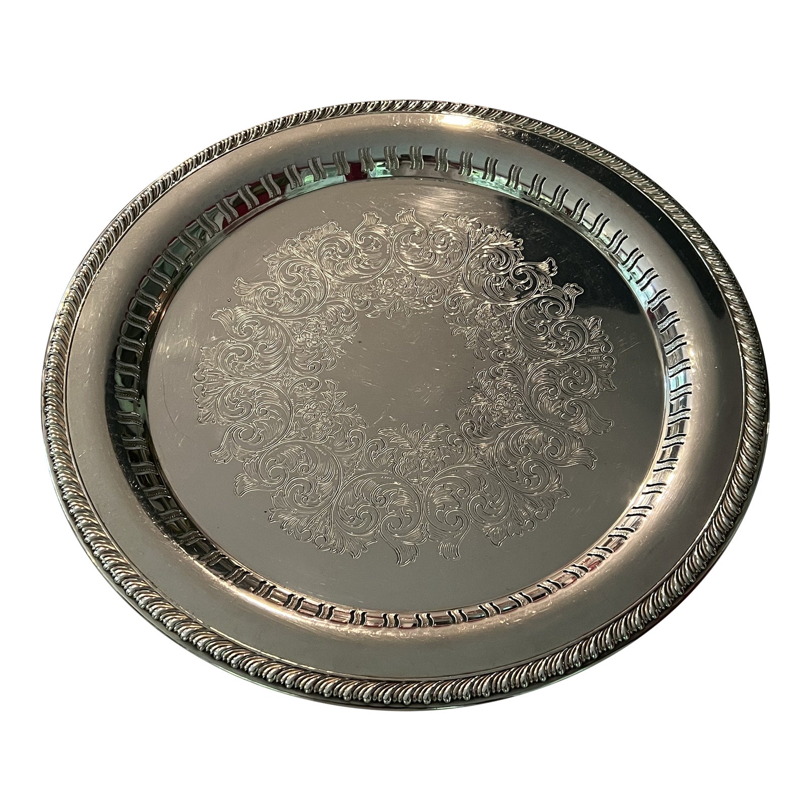 Mid 20th Century Vintage Round Tray Silverplate | Chairish