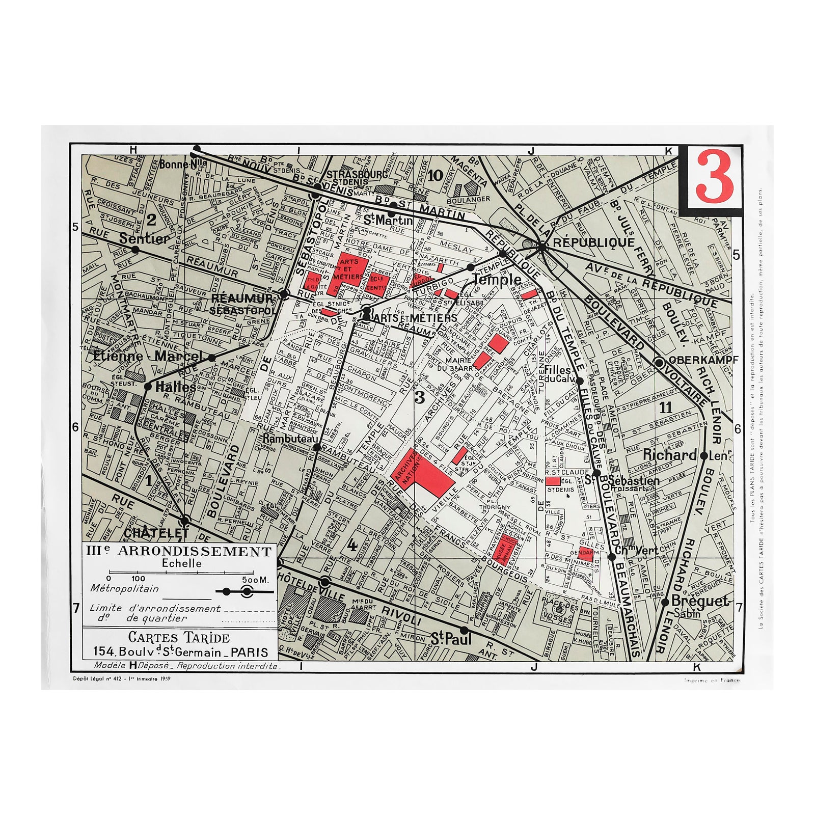 1959 Original Cartes Tarides Map of Paris, III Arrondissement | Chairish