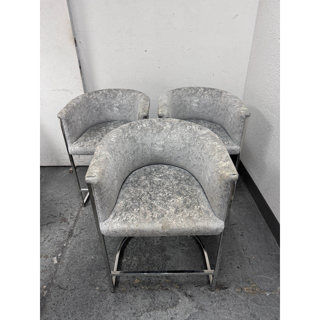 Vanguard Counter Stools in Burnished Silver Velvet, Set of Three | Chairish