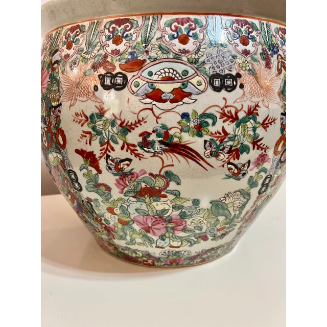 Vintage Chinese Rose Medallion Fish Bowl Planter with Koi Fish | Chairish