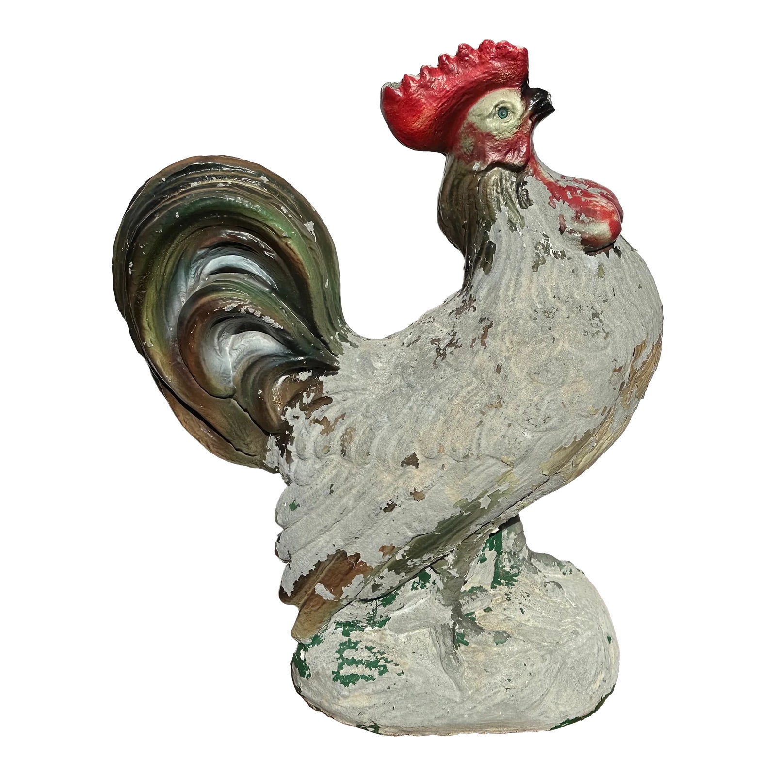 Weathered Painted Rooster Garden Statue | Chairish