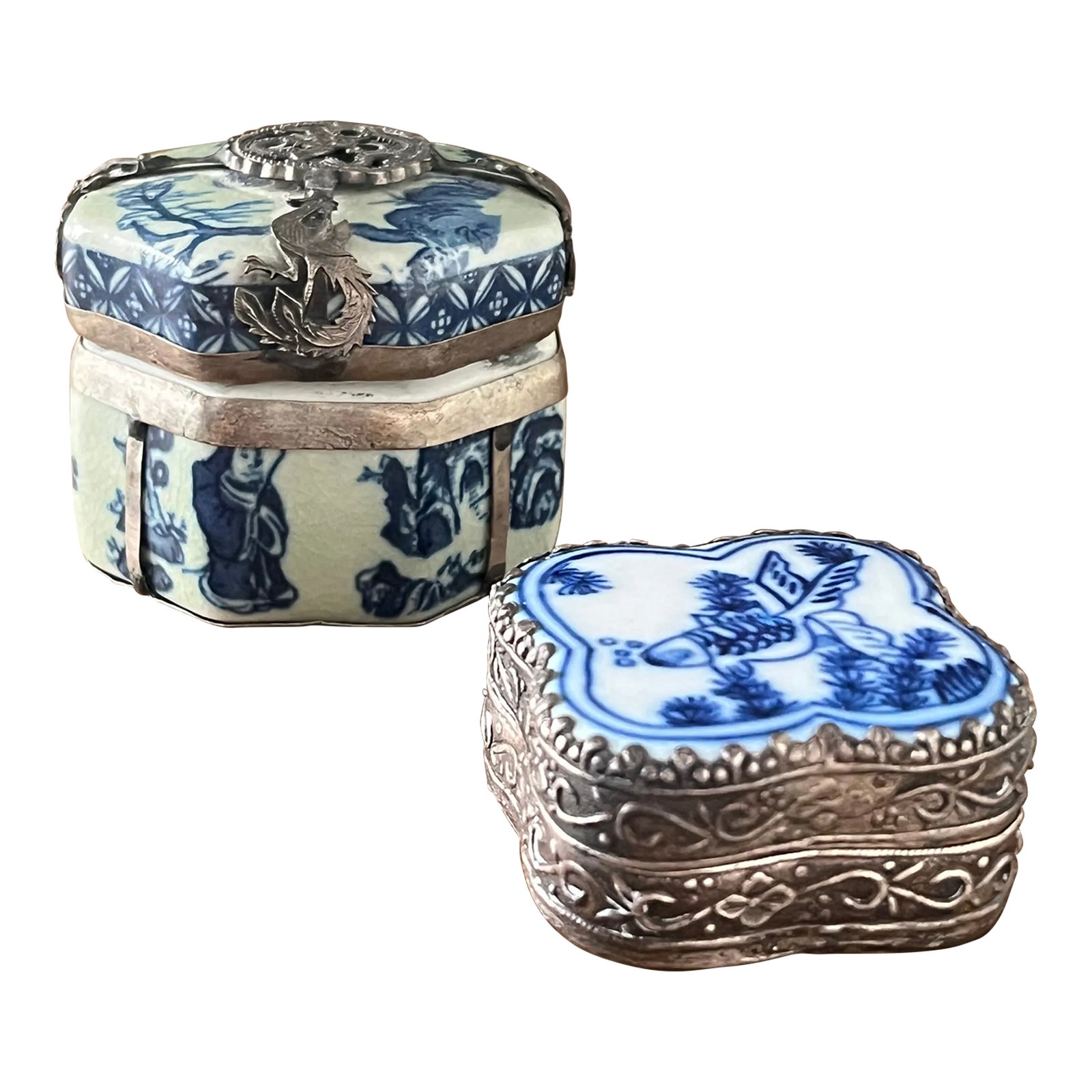Late 20th Century Ornate Chinese Porcelain and Silver Pill Boxes- Set ...