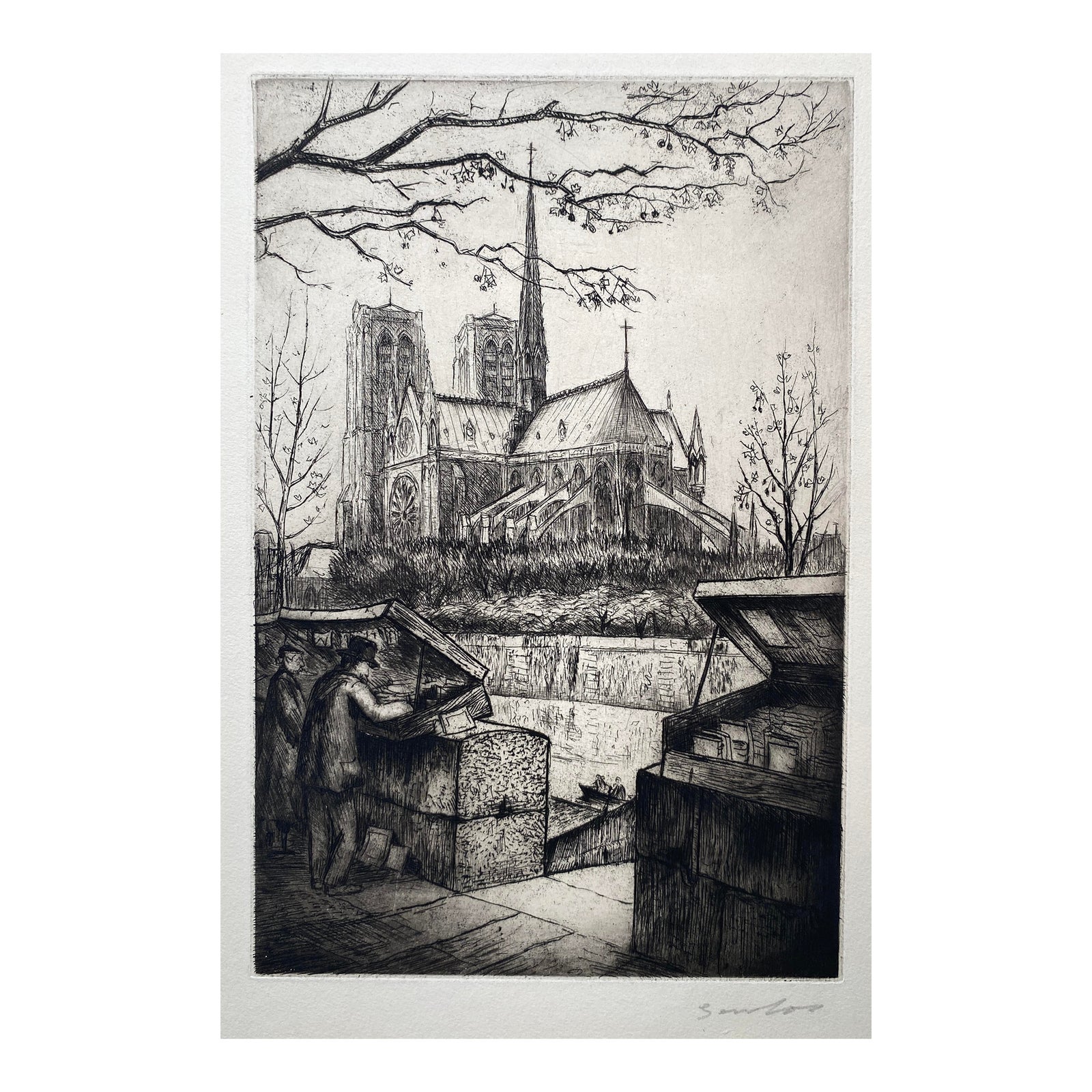 Antique Booksellers Along the Seine and Notre Dame Etching | Chairish