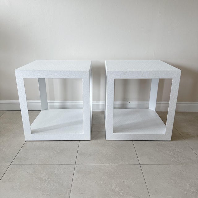 Pair 1970's Linen Wrapped White Lacquered Side Tables | Chairish