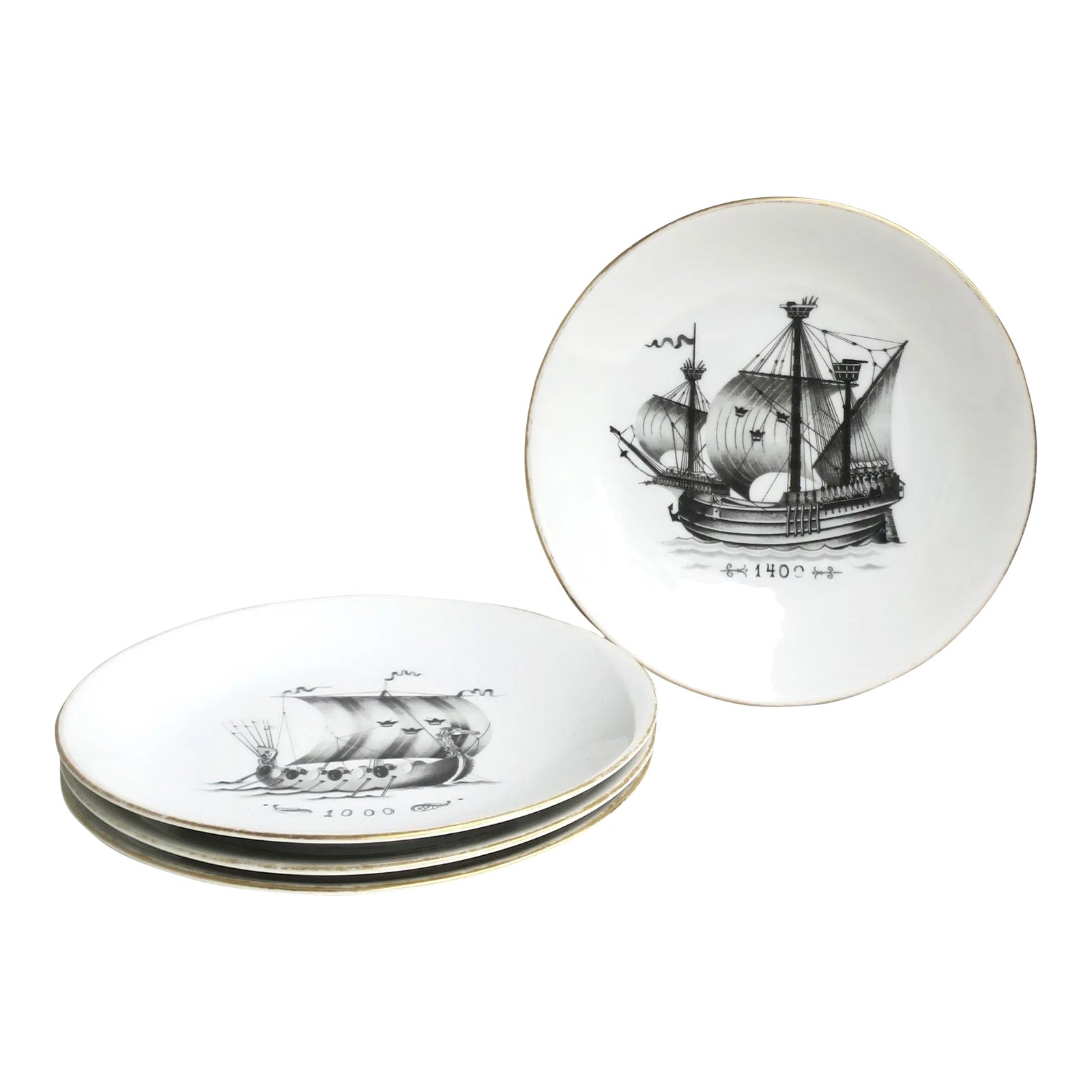 Swedish Nautical Black and White Porcelain Plates, Set of 4 | Chairish