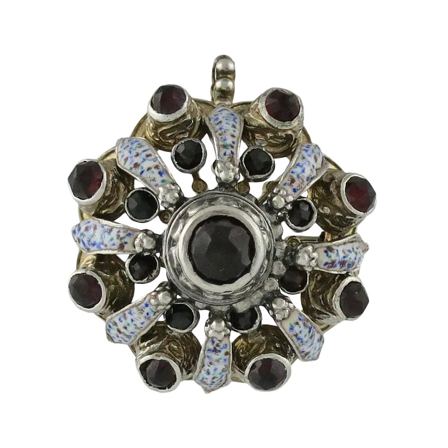 Victorian Austro Hungarian Silver Enamel Garnet Pin / Pendant | Chairish