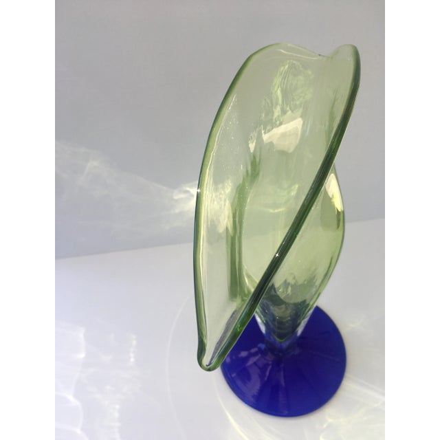 Unique Blenko Glass Co Art Deco Fan Green & Colbalt Blue Vase | Chairish