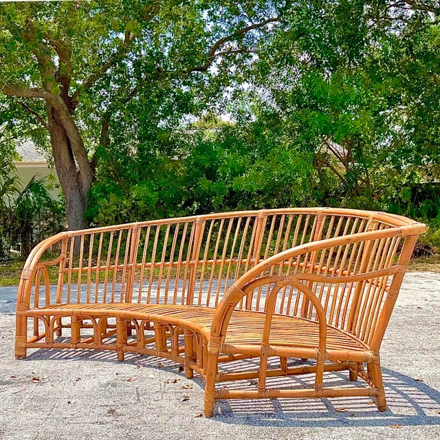 Vintage Coastal Bent Rattan Curved Sofa | Chairish