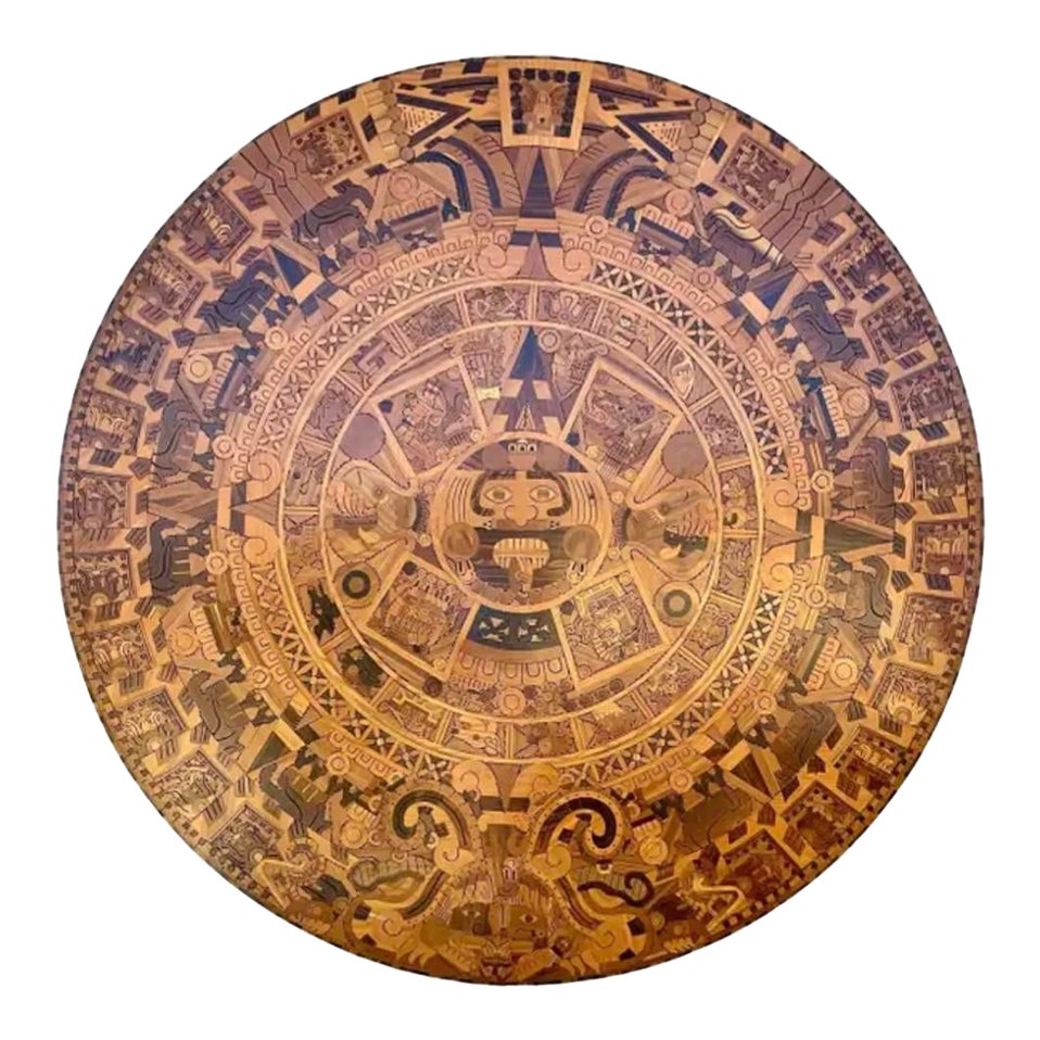 Mid Century Aztec Calendar Large Circular Inlaid Wood | Chairish
