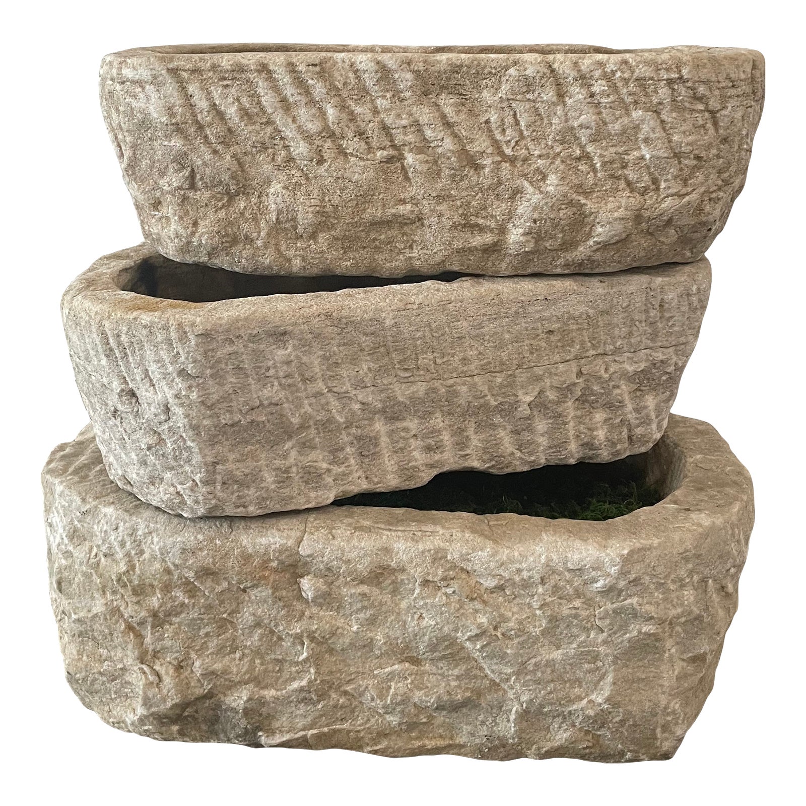 Carved Stone Trough Garden Planters- a Set of 3 | Chairish
