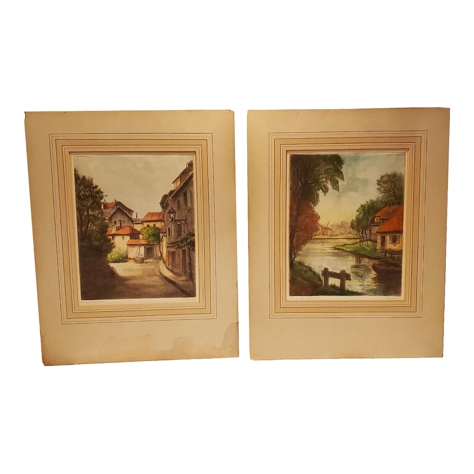 Pair of 1930s Louis Charlot Hand-Colored Etchings — French Village ...