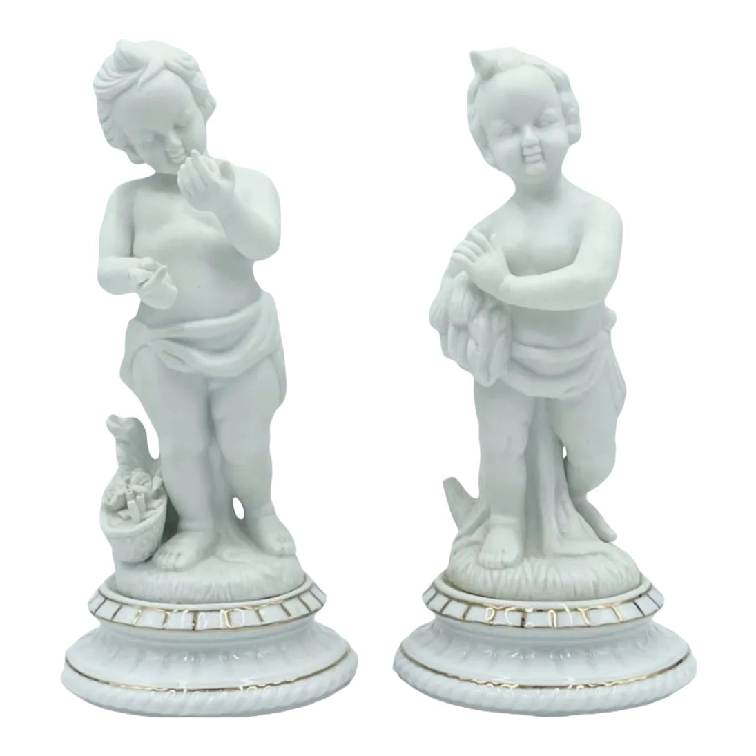Pair of Vintage Ceramic White Cherub Putti Bisque Statues Figures ...