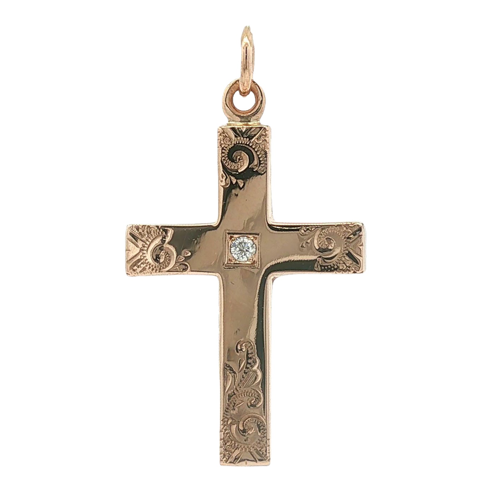 Late 19th Century Victorian 9k Rose Gold Engraved Cross With a Center ...