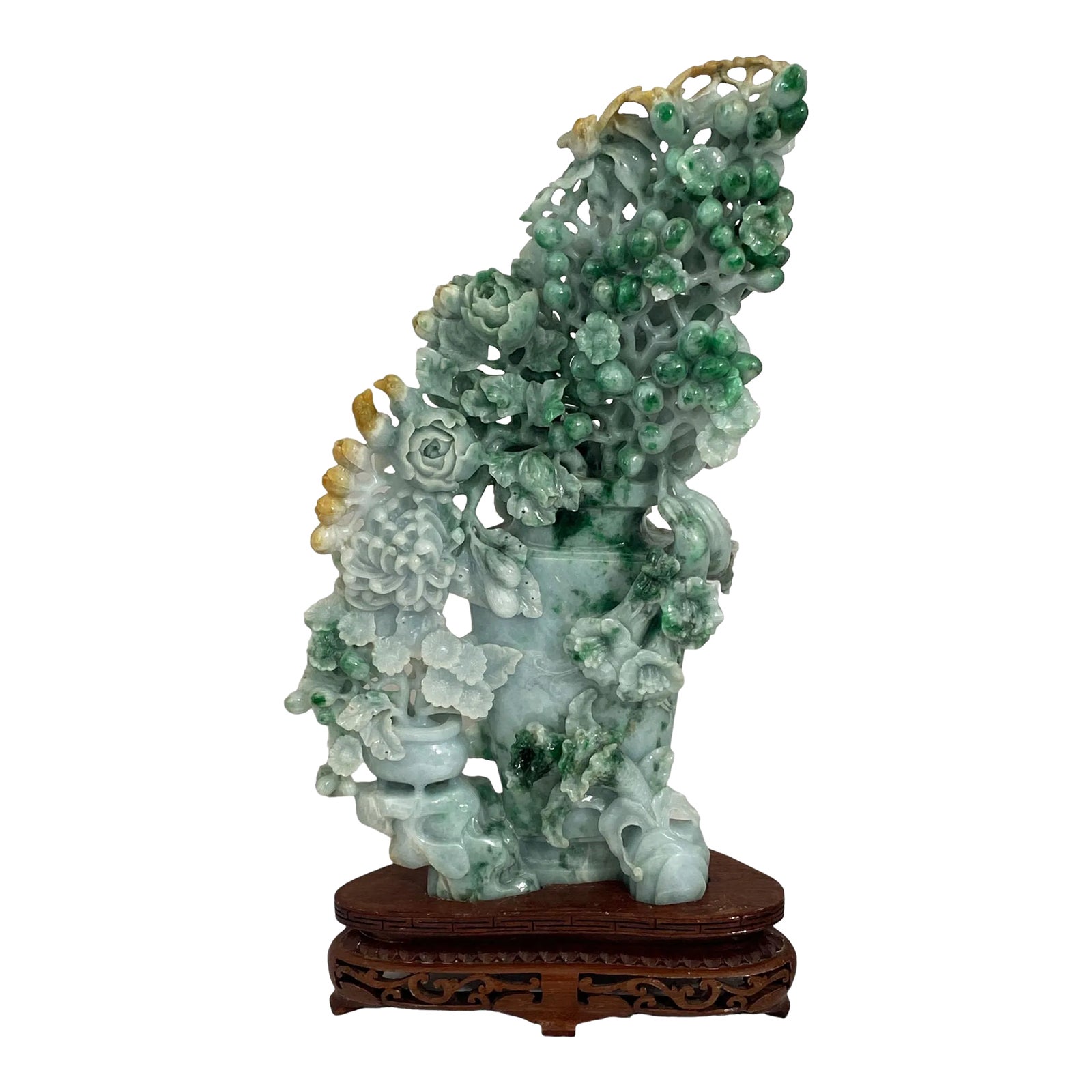 Large Chinoiserie Jadeite Jade Peonies Flowers 16" H | Chairish