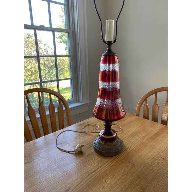 Vintage Cranberry Cut Glass Table Lamp | Chairish