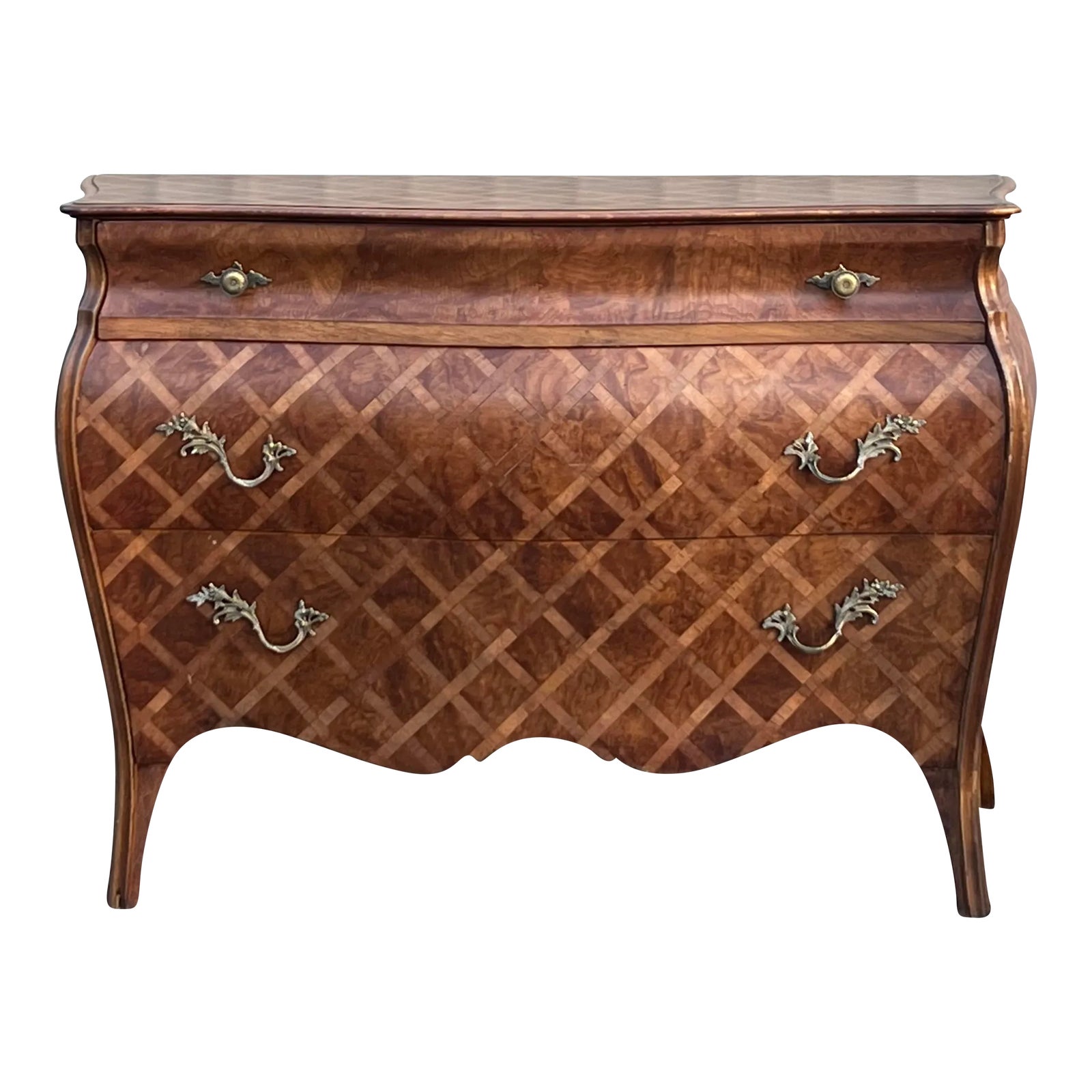 Vintage French Parquetry Three Drawer Bombay Commode | Chairish