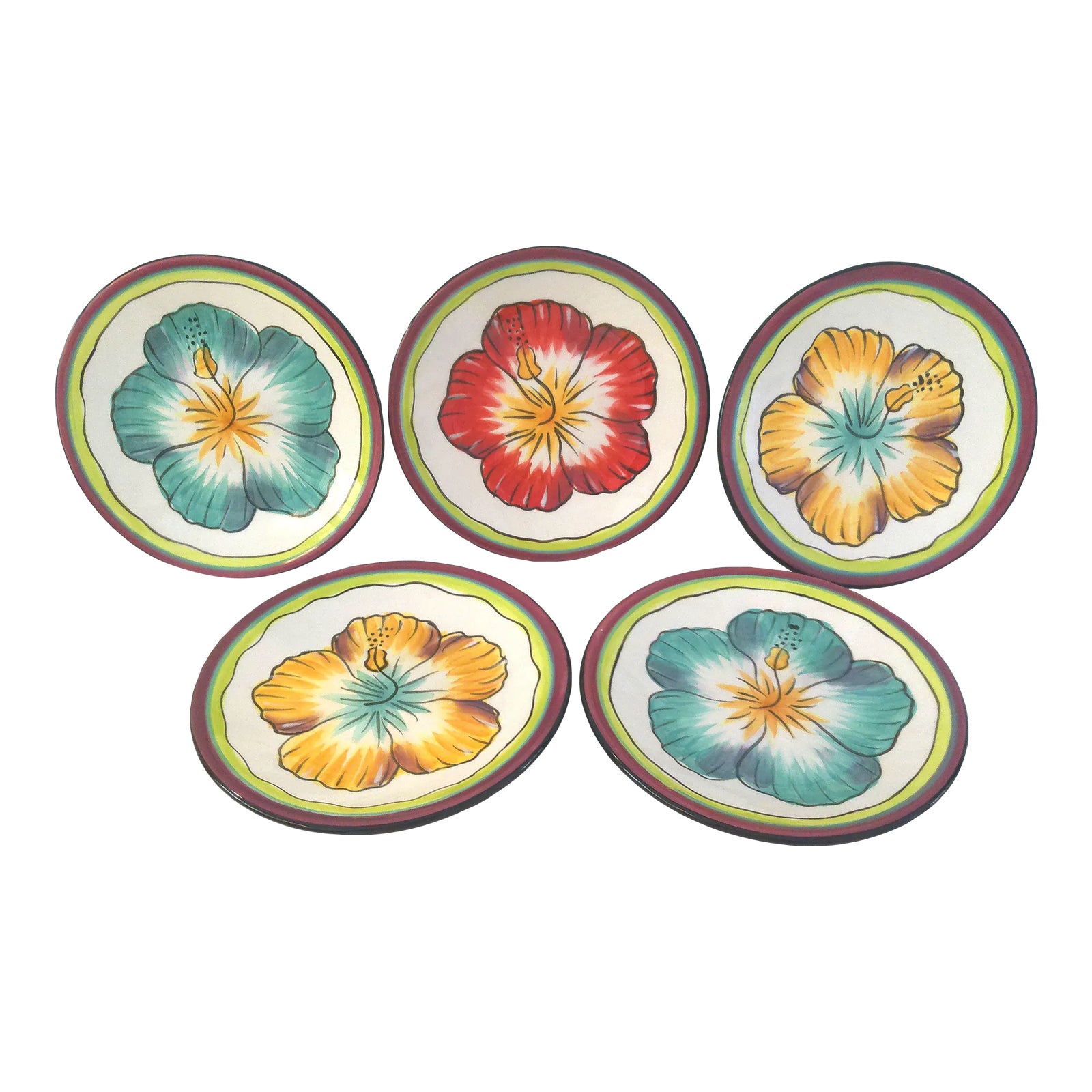 1980s Clay Art Hibiscus Plates, Set of 5 | Chairish
