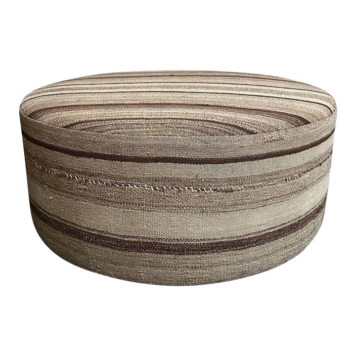 Round Turkish Rug Cocktail Ottoman in Brown Stripe | Chairish
