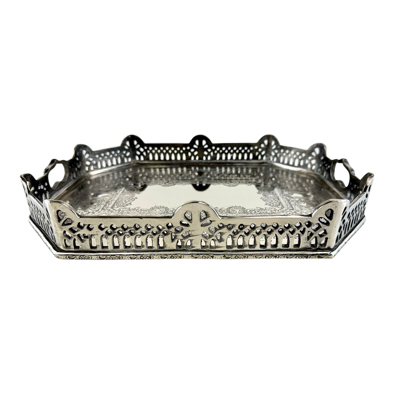 Vintage Silver-Plated Octagonal Serving Tray With Intricate Filigree ...