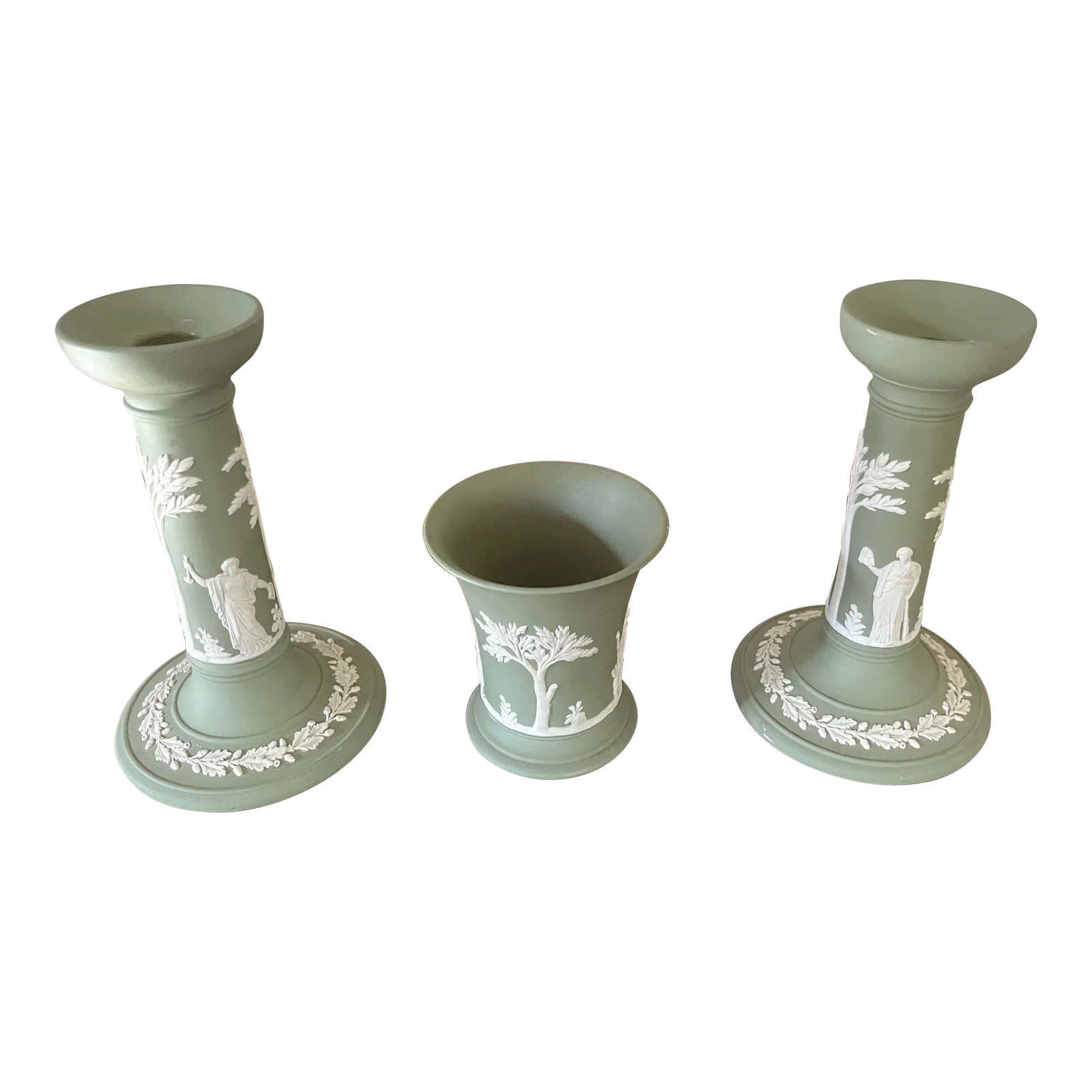 Mid 20th Century Wedgwood Sage Green Jasperware Candlesticks and Vase ...