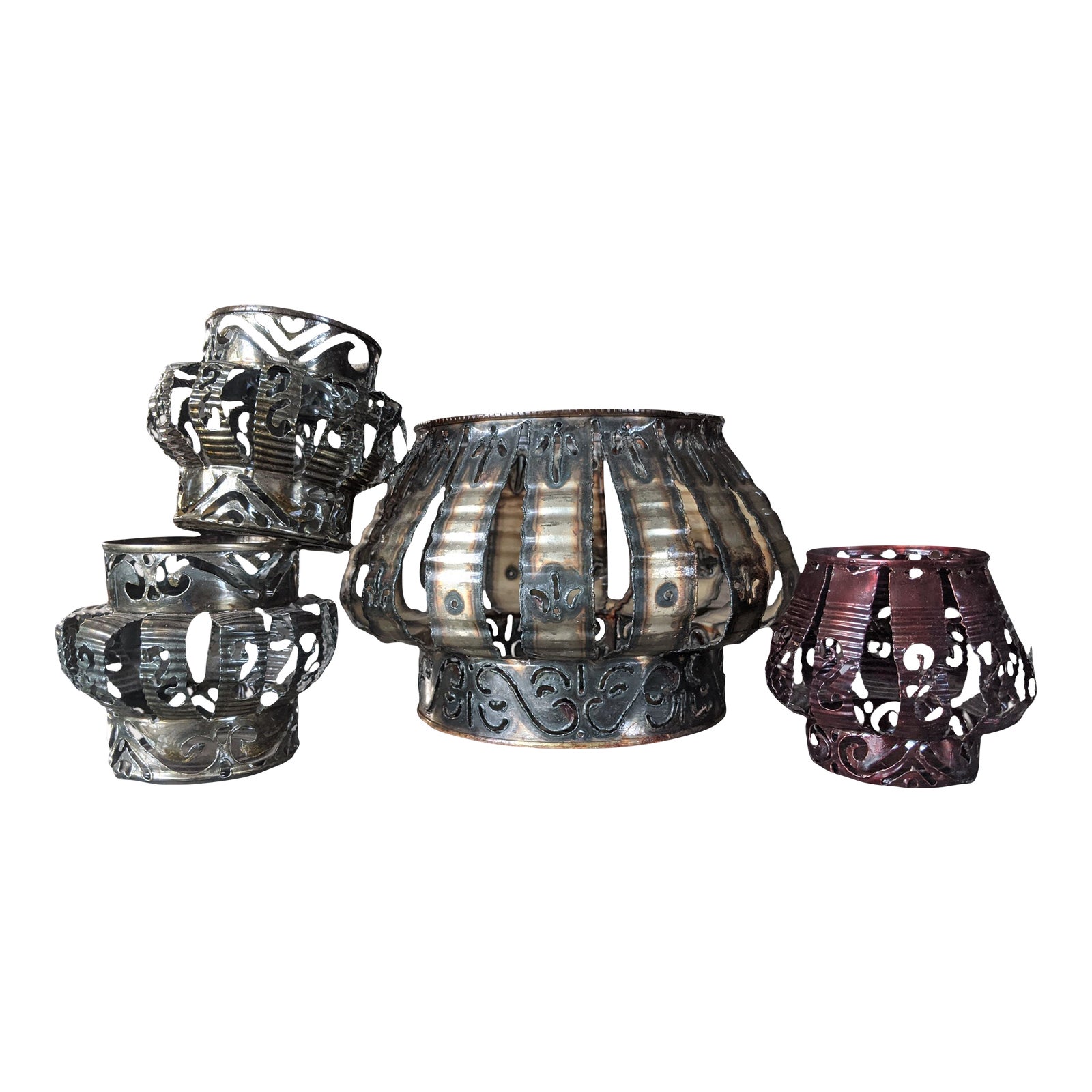 Mid Century Modern Brutalist Torched Metal Candle Holders Luminaries ...