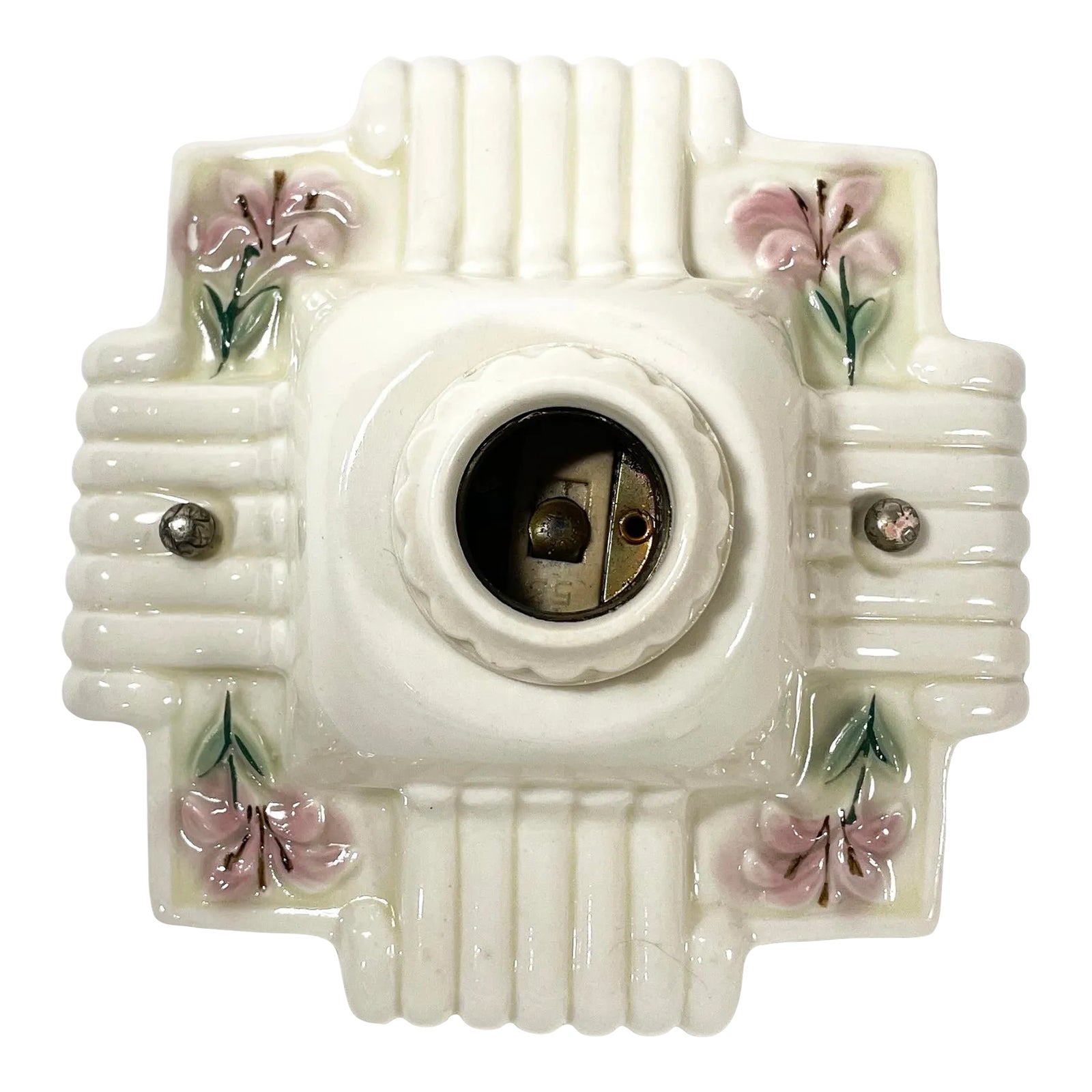 1950s Ceramic Light Fixture With Pink Lilies, Scalloped Design | Chairish