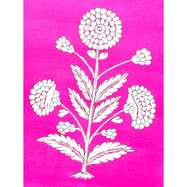 Hand-Painted Floral Hot Pink & White Motif Painting | Chairish