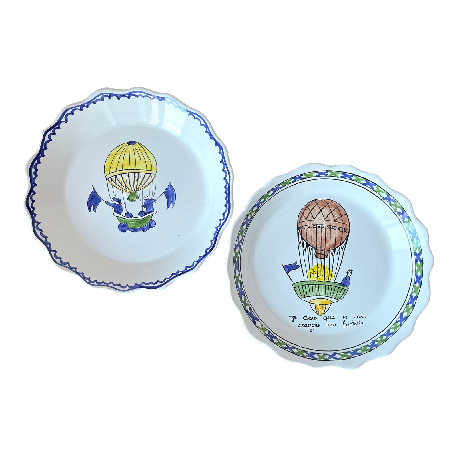 Faience Hand-Painted Hot Air Balloon Plates-Set 2 | Chairish