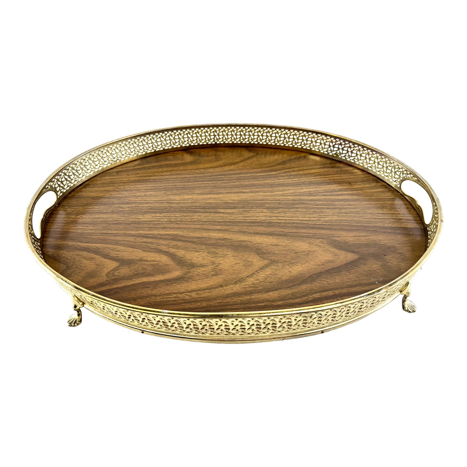 1960s Mid-Century Oval Brass and Walnut Butler’s Tray With Filigree ...