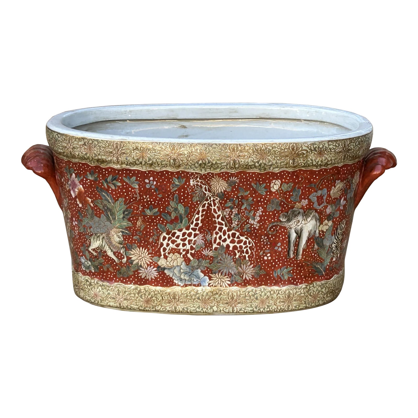 Porcelain Canton Brick Red Golden Color Animals Scenery Oval Pot | Chairish