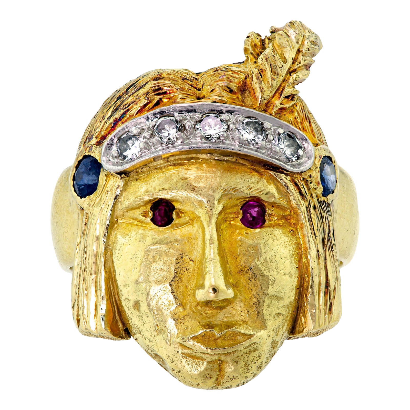 18-Karat, Ruby, Diamond and Sapphire Native American Head Ring, Size 6 ...