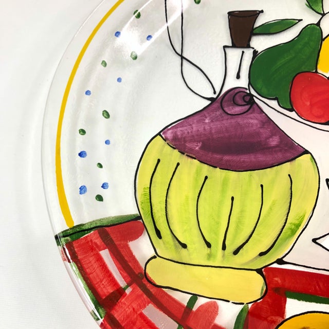 1990s Large Round Handpainted Fiasco Wine Bottle Welled Glass Platter ...