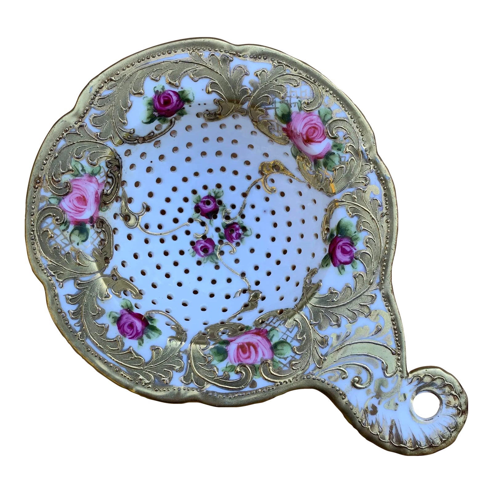 Antique Porcelain Tea Strainer Handpainted Roses | Chairish