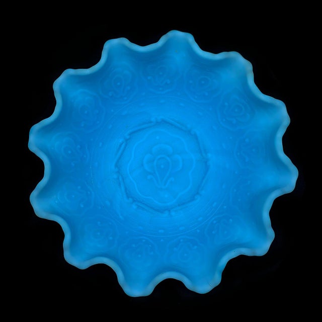 Vintage Fenton Blue Satin Glass Ruffled Persian Medallion Candy Dish ...