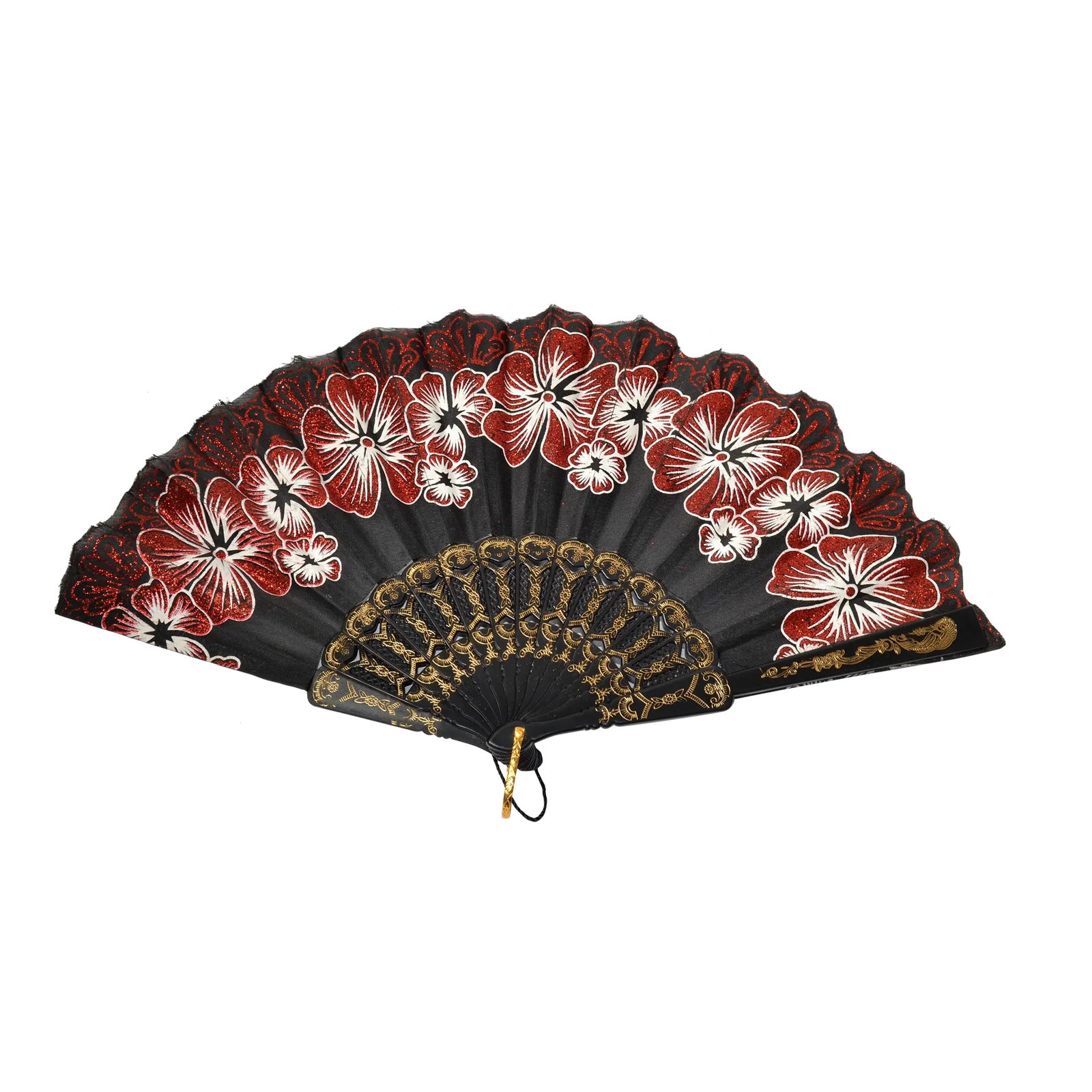 Vintage Chinoiserie Hand Held Silk Fan Black Red Gold Flower Motif ...