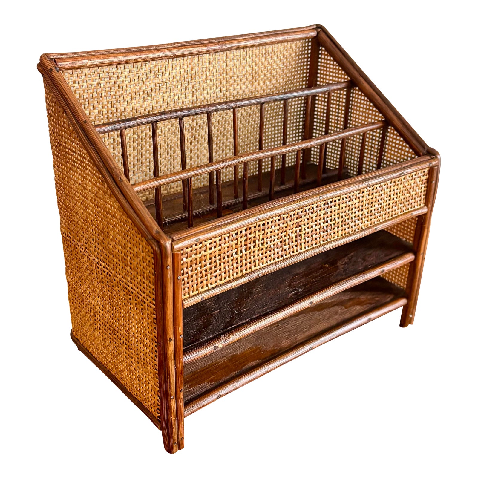 Vintage Coastal Cane and Rattan Desk Organizer | Chairish