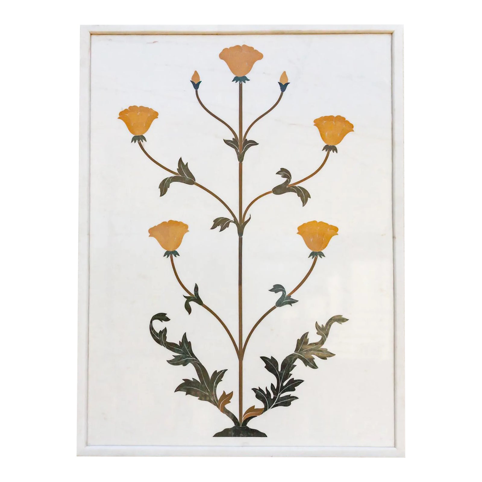 Large Marble & Gemstone Inlay Botanical Panel | Chairish