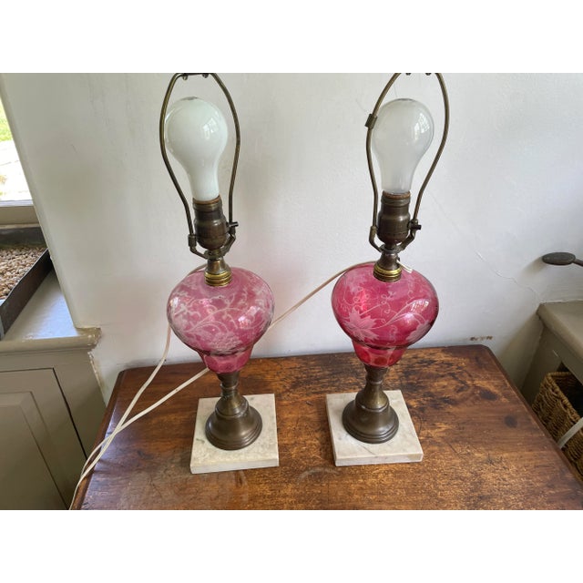 Antique Cranberry Glass Table Lamps - Ruby Cut to Clear - Electrified ...