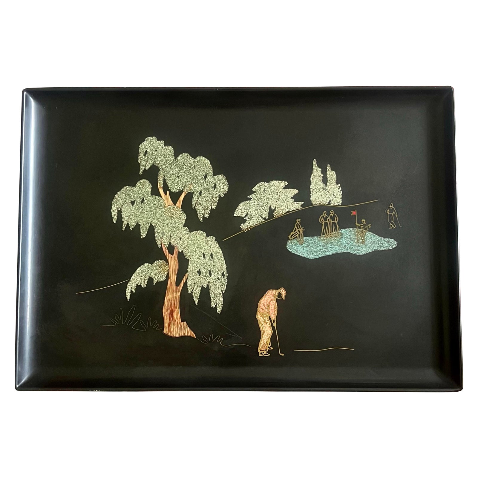 Midcentury Black Couroc Golf Scene Tray | Chairish