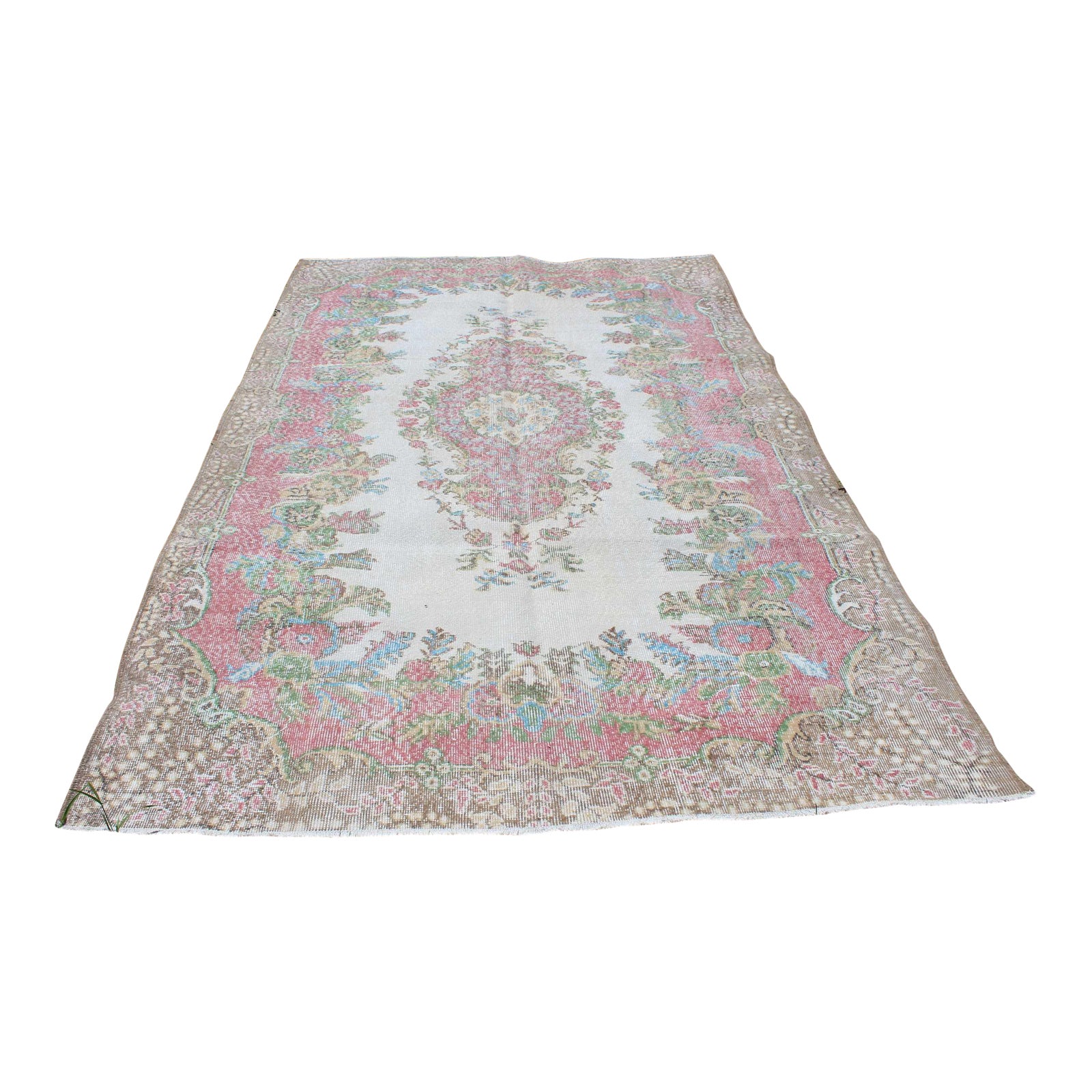 1960s Vintage Pink Turkish Handmade Floral Medallion Design Wool Area ...