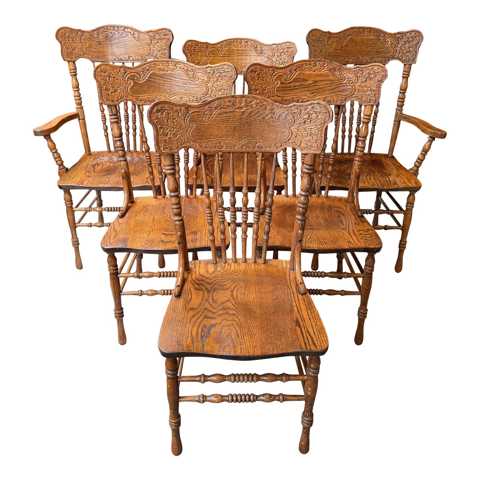 Vintage Hill & Sons Oak Pressed Back Dining Chairs, Set of Six | Chairish