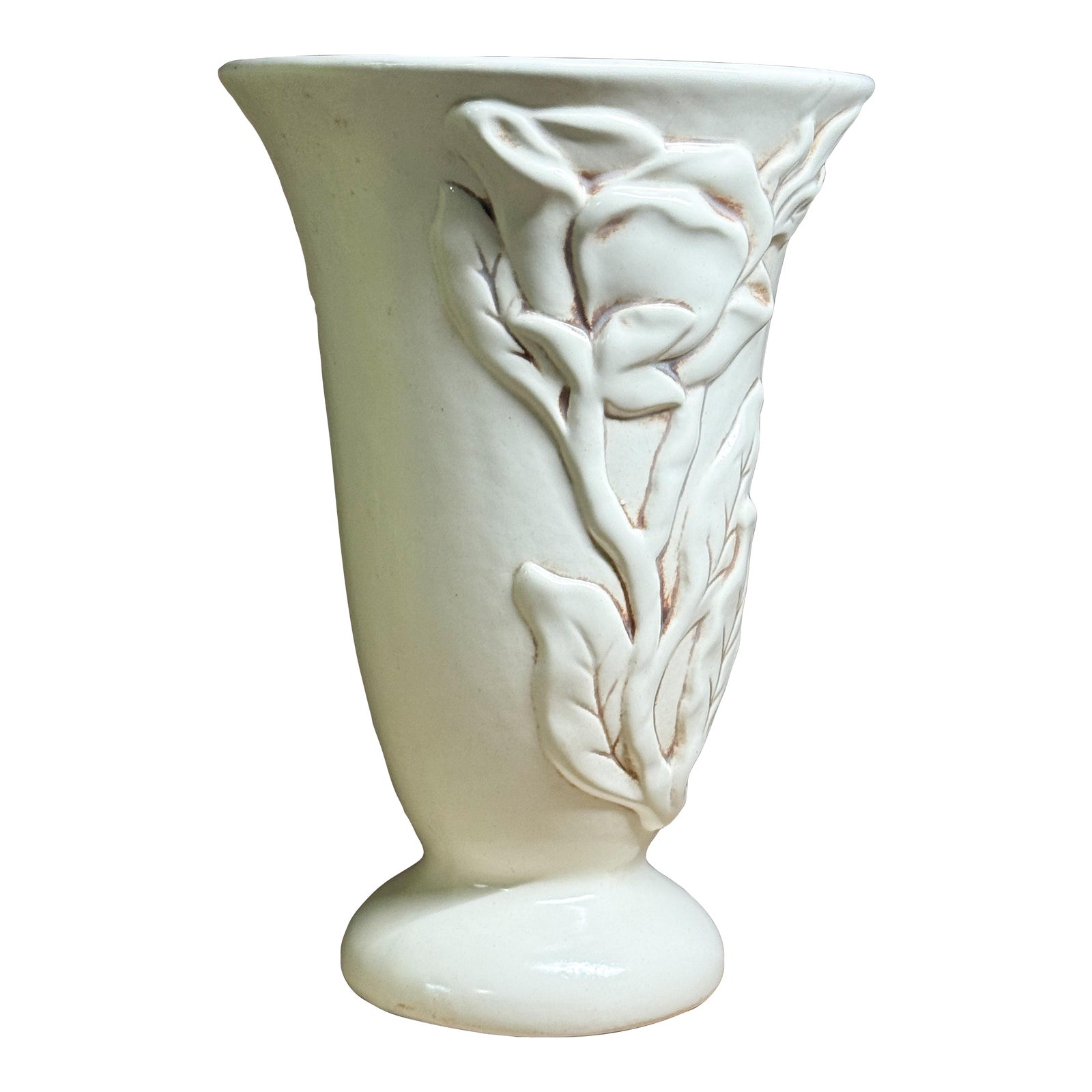 8 Inch Vase Art Deco Eggshell Ivory Antiqued With Brown Glaze | Chairish