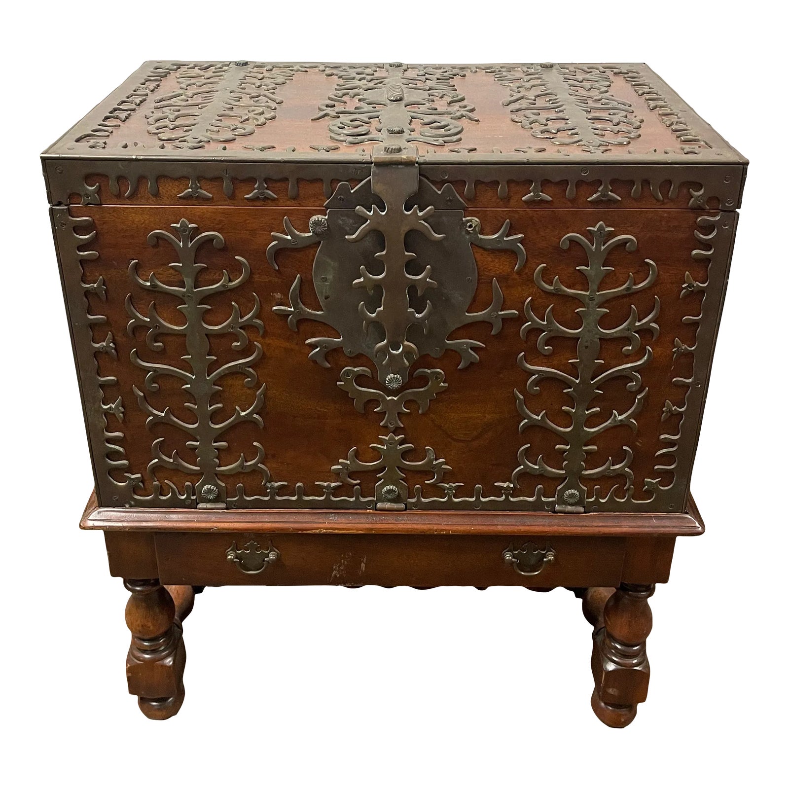 Late 20th Century Vintage Tudor Style Wood and Iron Trunk on Stand ...