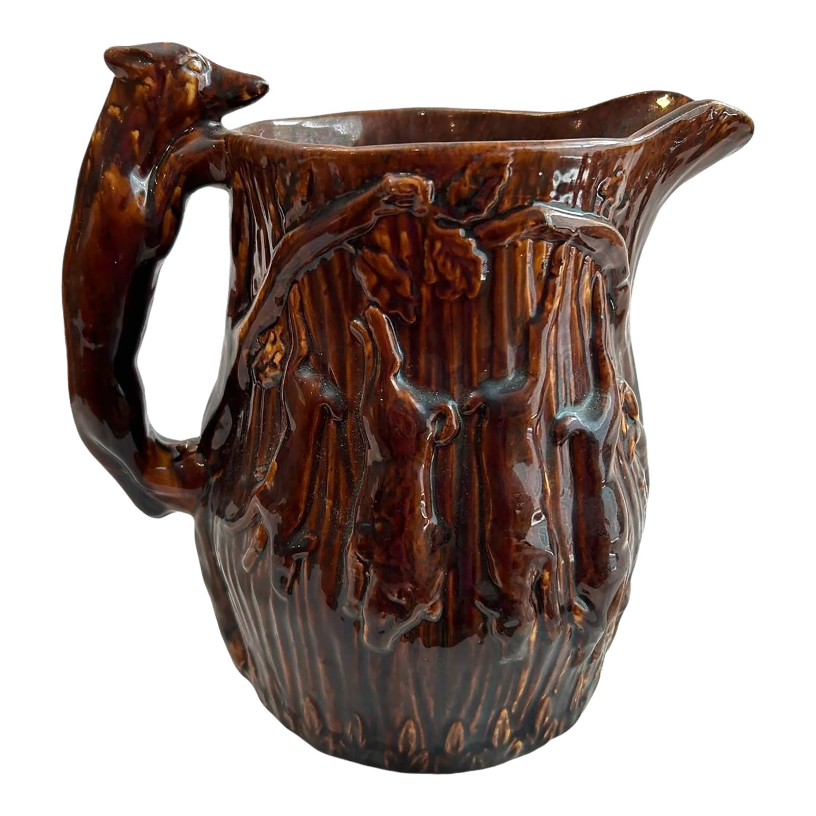 Vintage Rockingham “Hunt Scene” Clay Molded Pitcher With Hound Handle ...